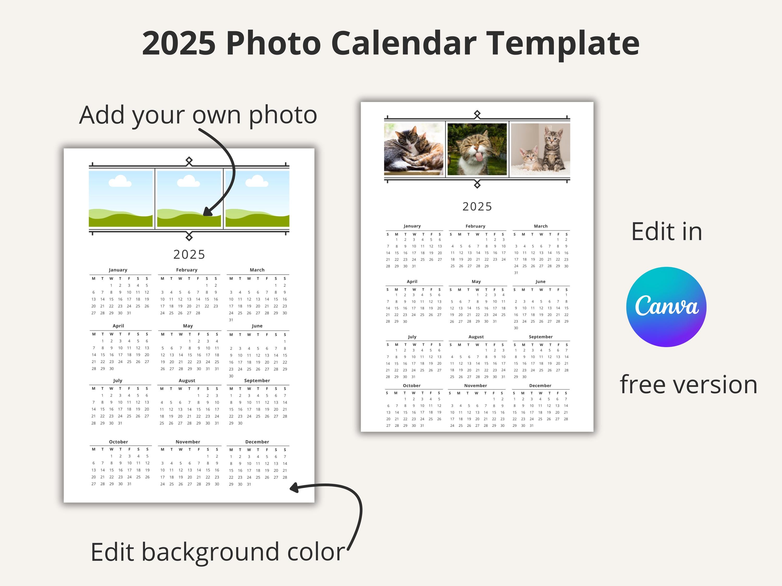 2025 Custom Photo One Page Calendar, Editable in Canva Calendar ...