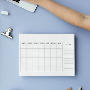 Printable Blank Undated Calendar With Notes, Monday Sunday Start ...