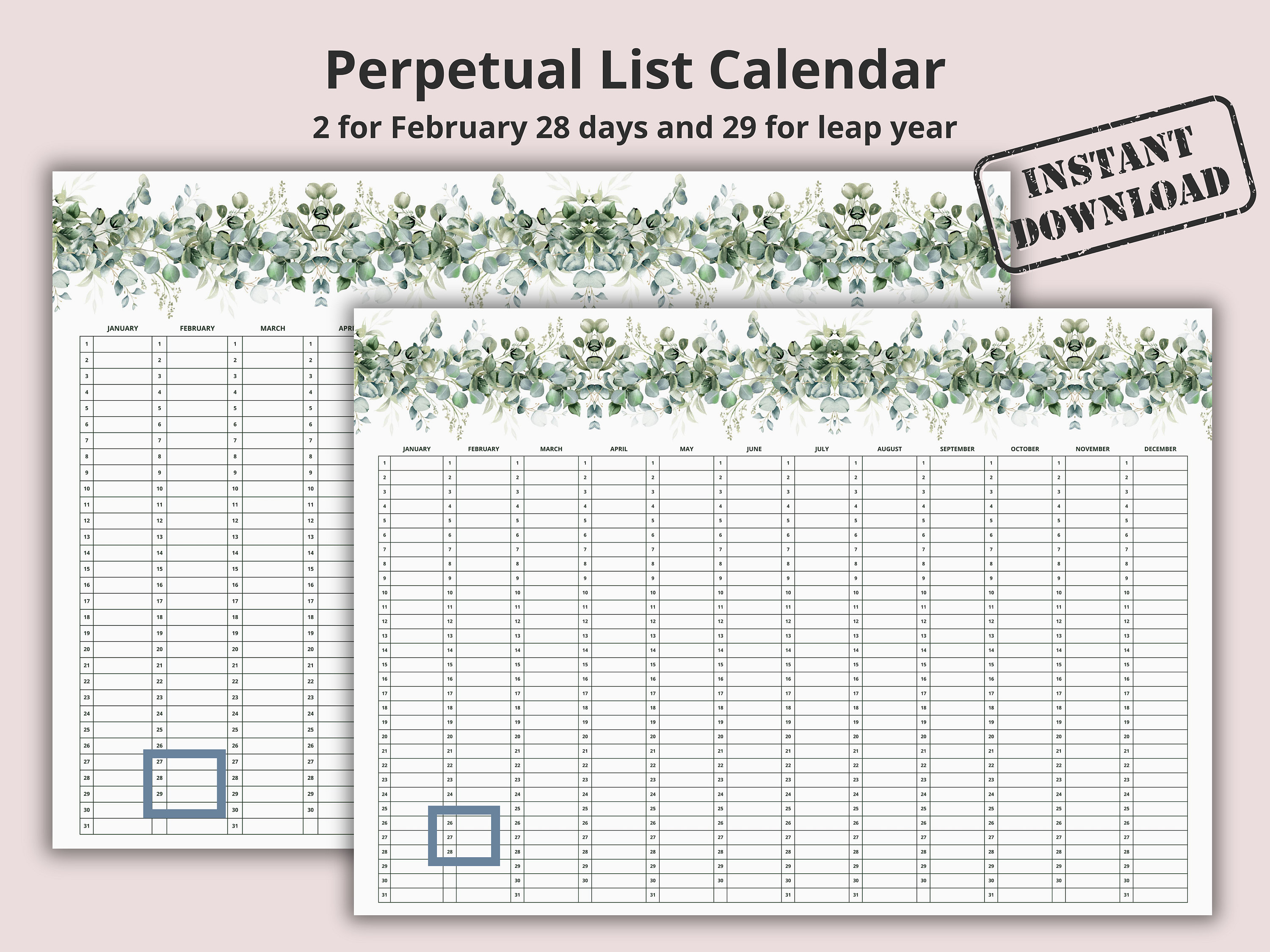 One Page Printable Perpetual Calendar With Flowers, Birthday or ...