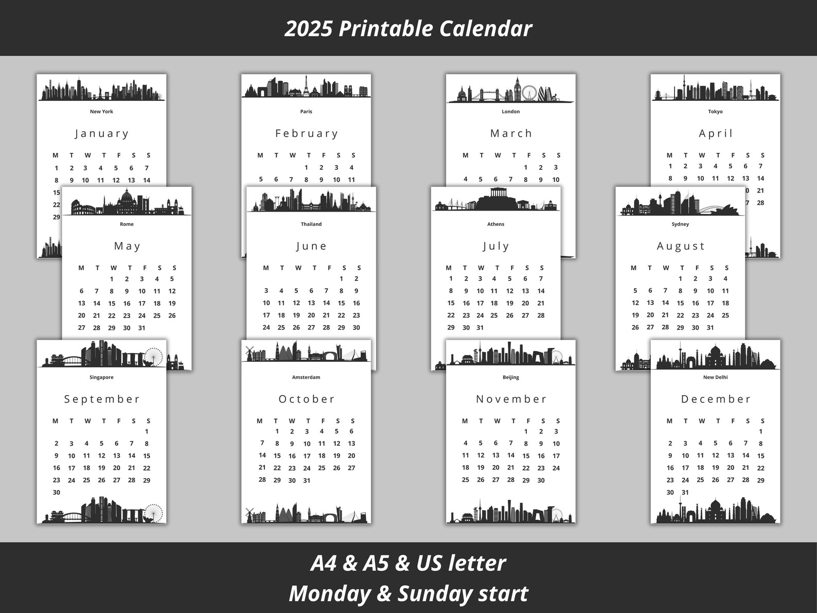 2025 Skyline Calendar: Famous Cities, Travel Theme (digital Download ...
