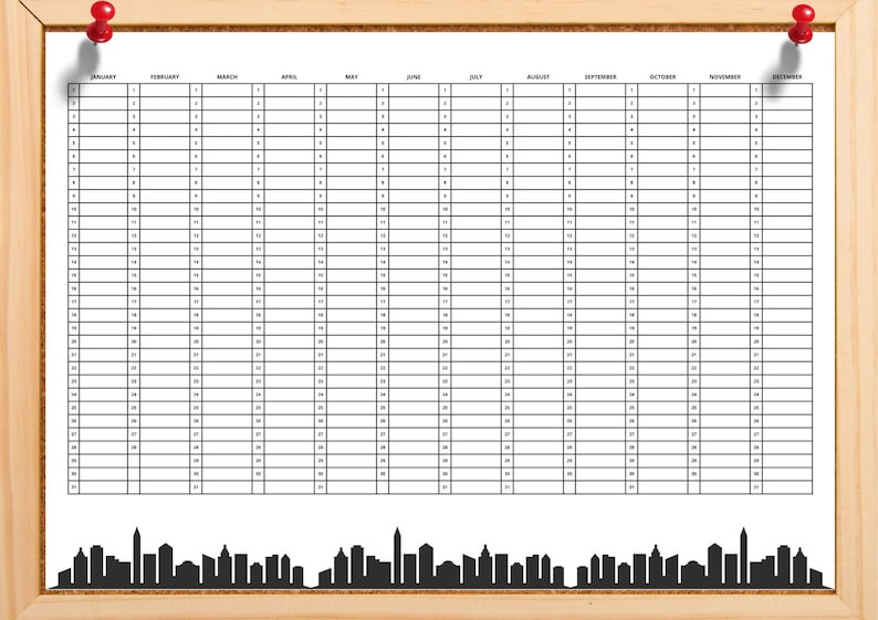 City Skyline Perpetual Calendar: Printable Birthday Planner (A1 A2 A3 ...