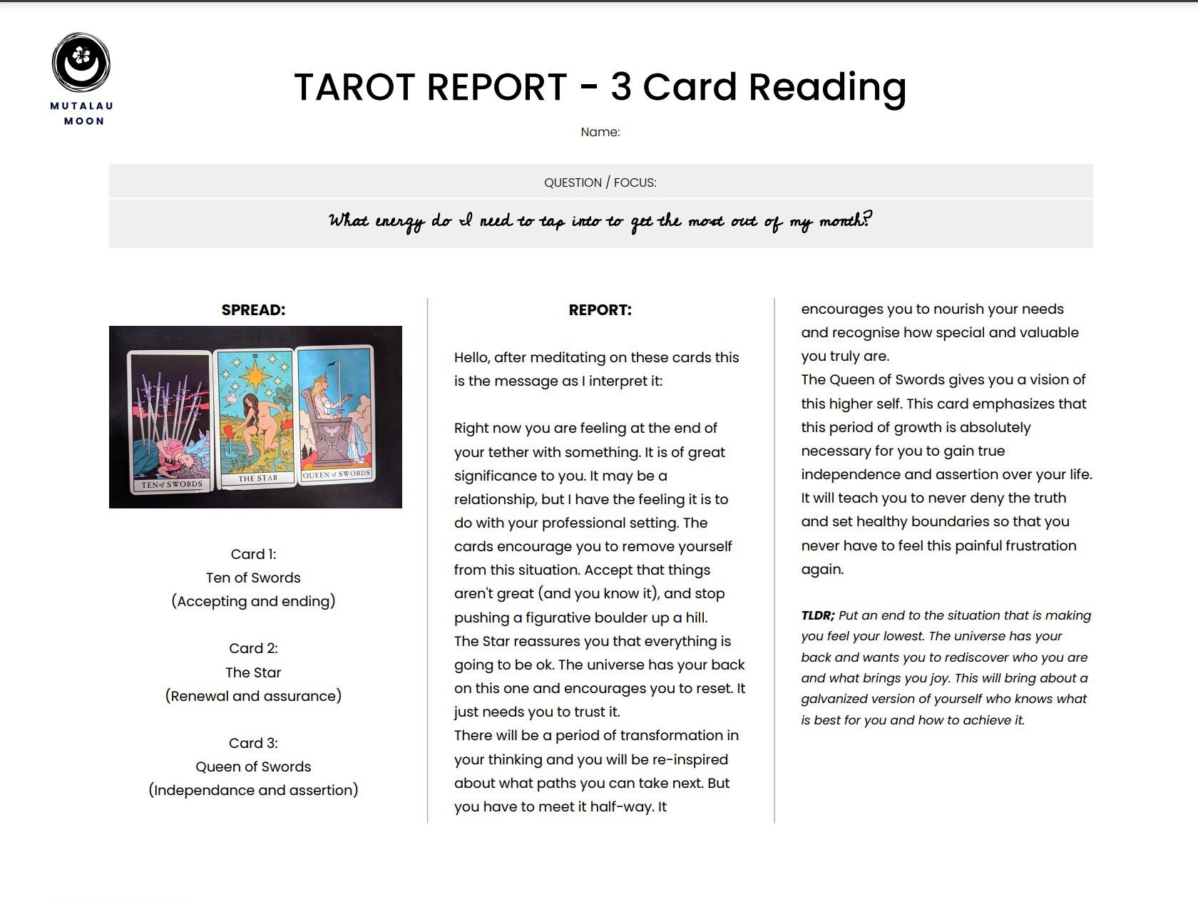 Digital Editable Tarot Reading Report Template 3 CARD - Etsy