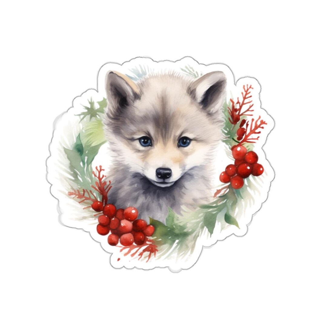 Adorable Wolf Pup Sticker, Cute Animal Decal, Christmas Wolf Sticker ...