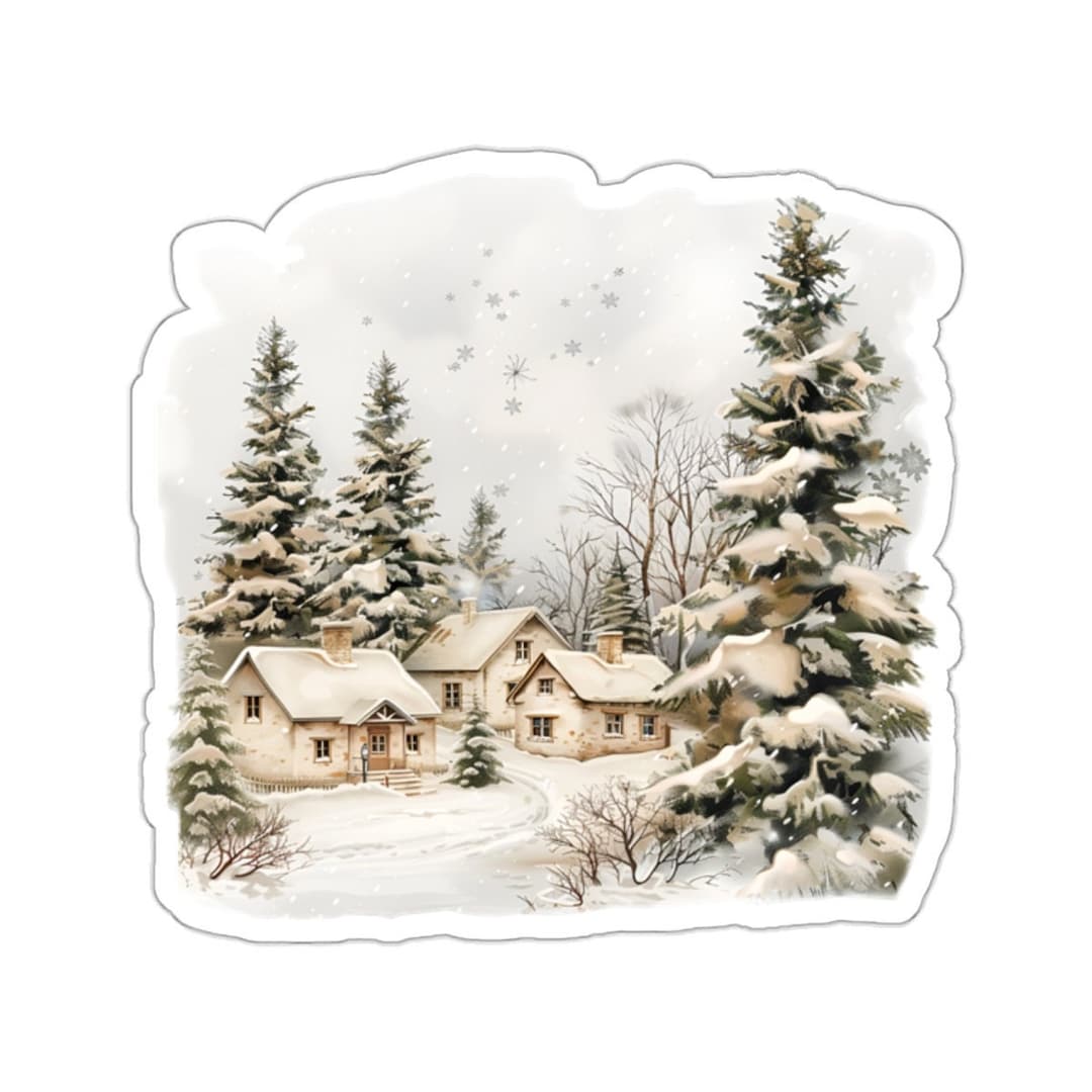 Snowy Winter Cabin Scene Sticker, Scenic Holiday Vinyl Sticker, Laptop ...