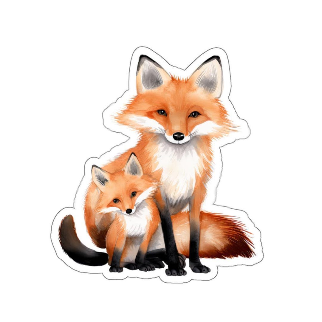 Cute Fox and Fox Cub Vinyl Sticker, Watercolor Laptop Sticker, Water ...