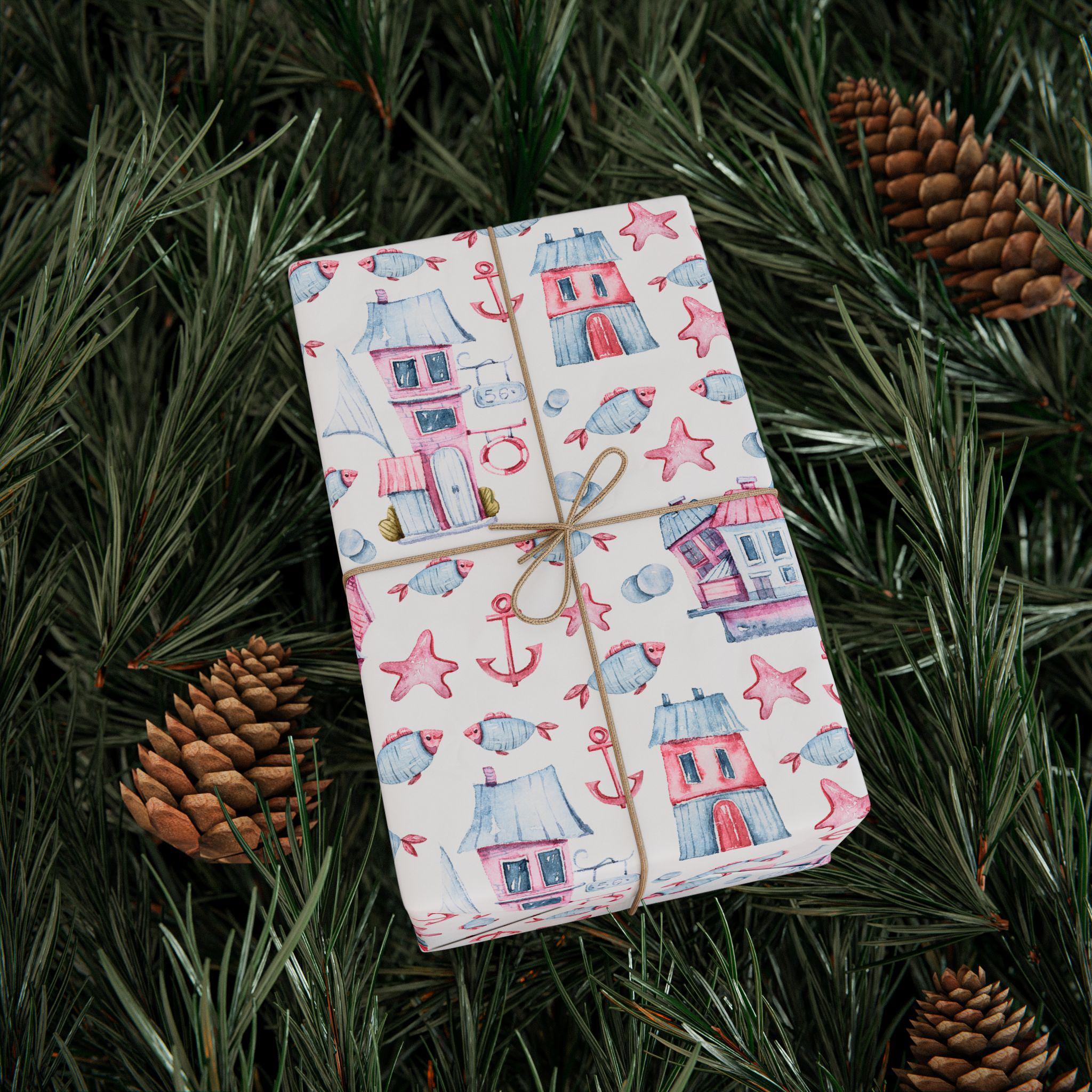 Watercolor Coastal Wrapping Paper, Pink Blue Nautical Gift Wrap, Cute ...