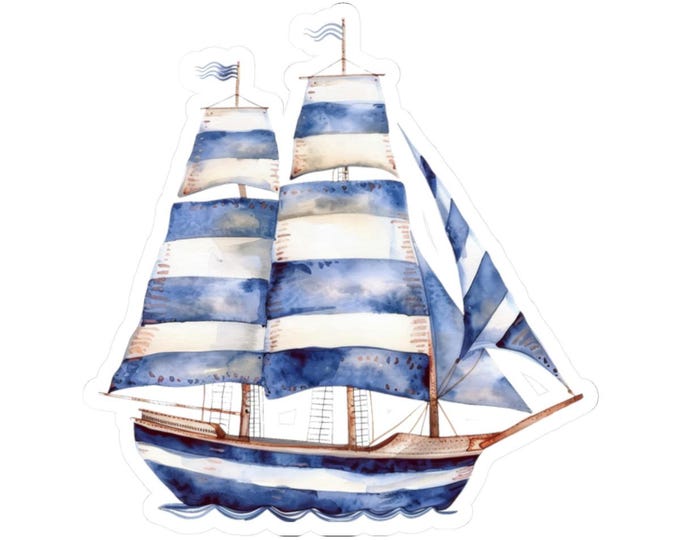 Nautical Ship Vinyl Sticker, Watercolor Sailboat Decal, Blue and White ...