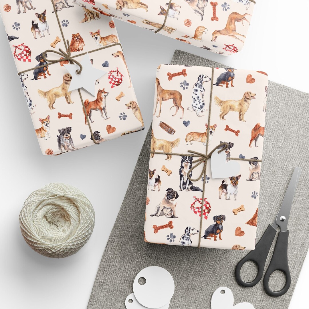 Cute Dogs Wrapping Paper, Watercolor Dog Breeds Gift Wrap, Birthday ...