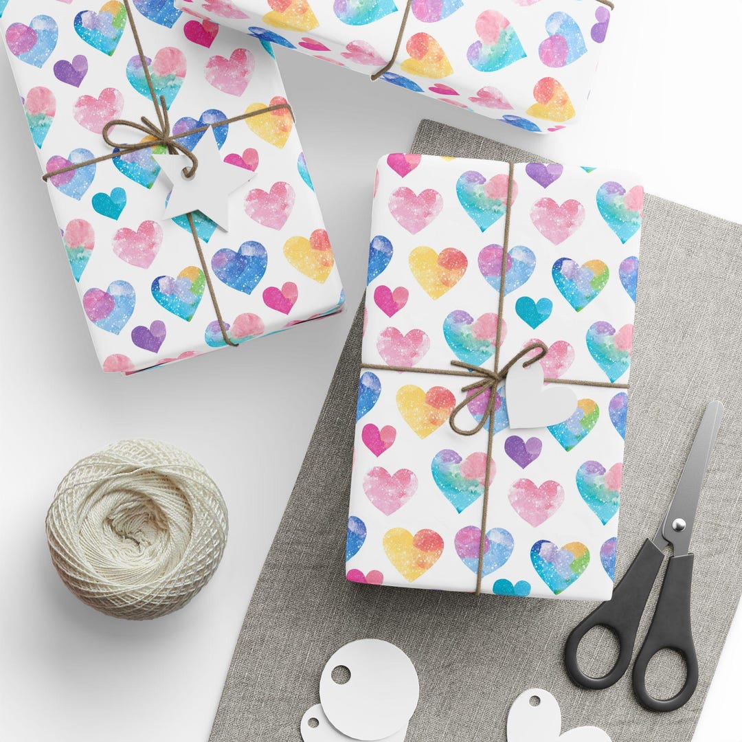 Colorful Heart Pattern Wrapping Paper, Watercolor Heart Design Gift ...