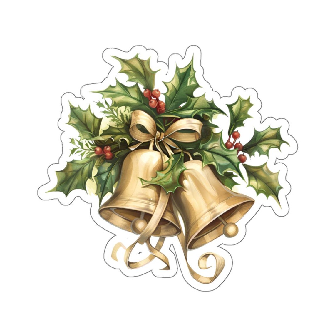 Christmas Bells and Holly Glossy Waterproof Sticker, Cute Christmas ...
