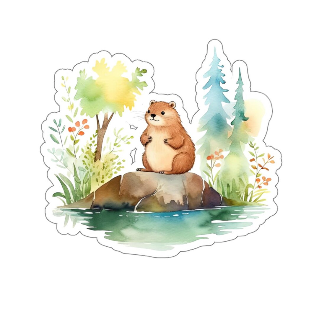 Cute Beaver Sticker Wildlife Pond Scene, Eco Friendly Vinyl Sticker ...