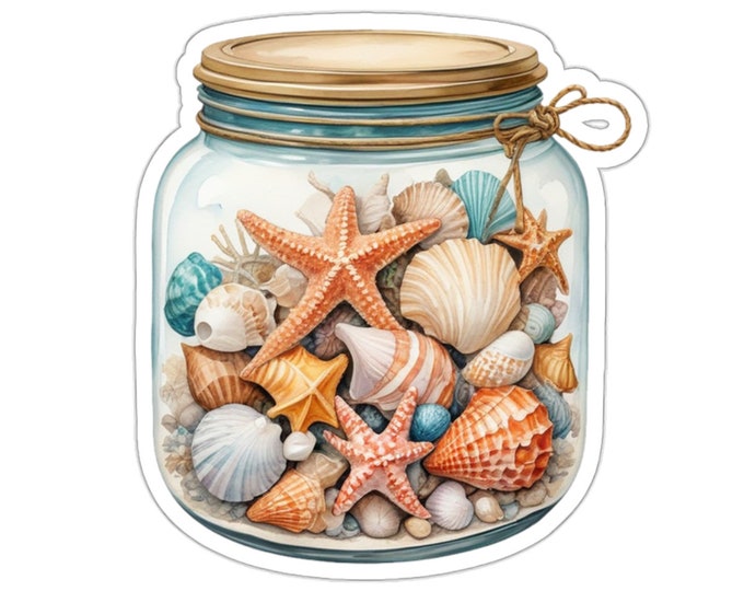 Seashell Jar Sticker, Beach Glass Bottle Waterproof Vinyl Sticker for ...