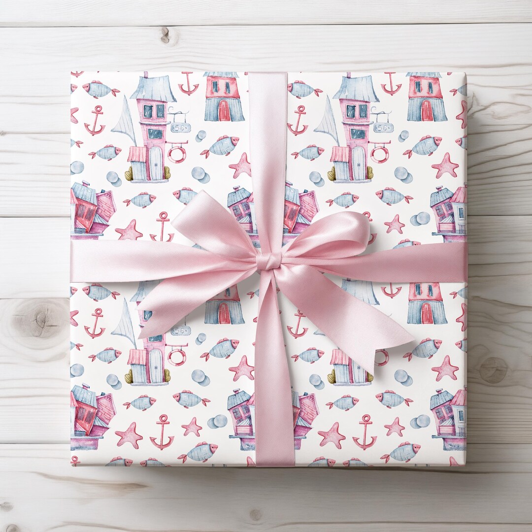 Watercolor Coastal Wrapping Paper, Pink Blue Nautical Gift Wrap, Cute ...