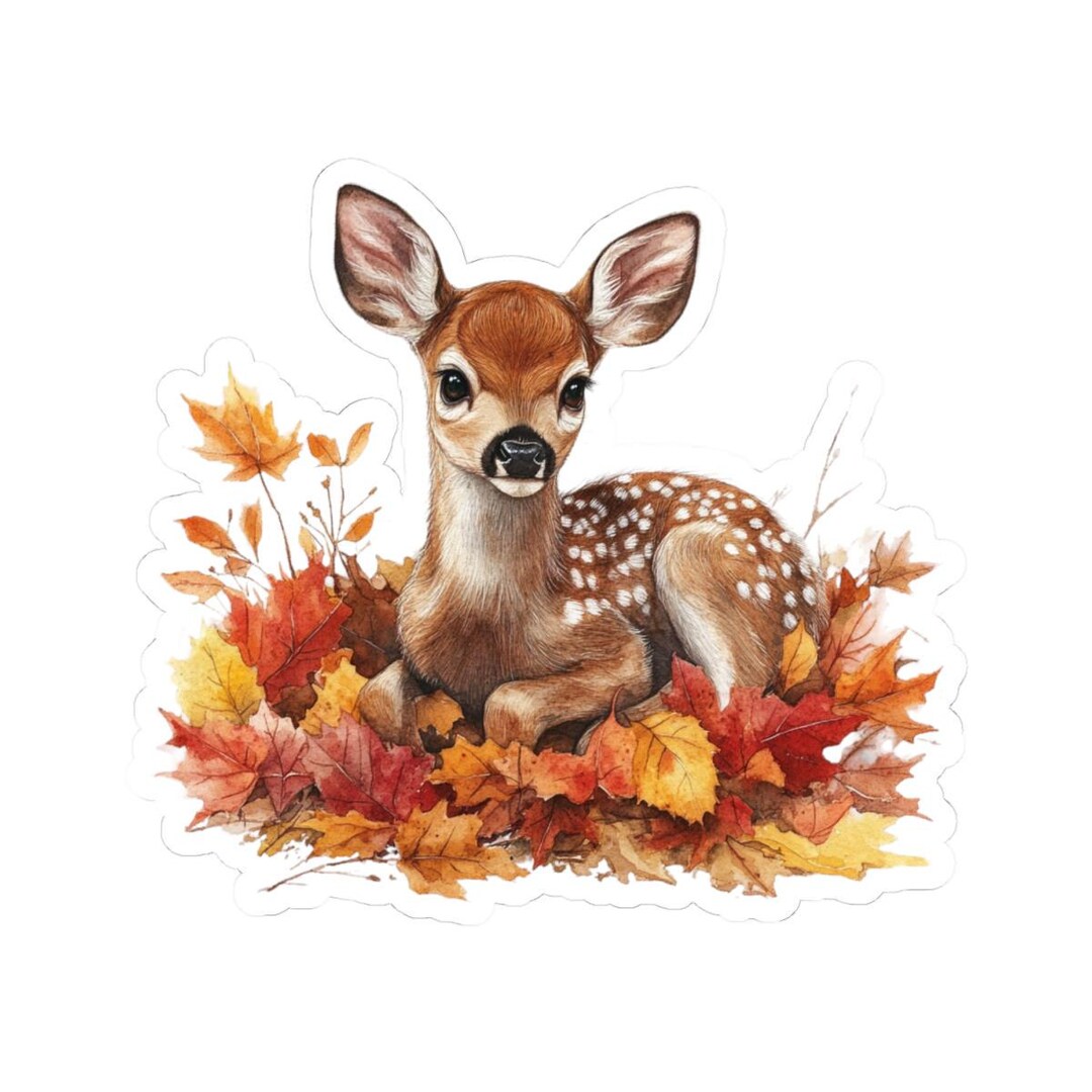Cute Deer Sticker, Watercolor Fawn Decal, Fall Leaves Sticker, Forest ...