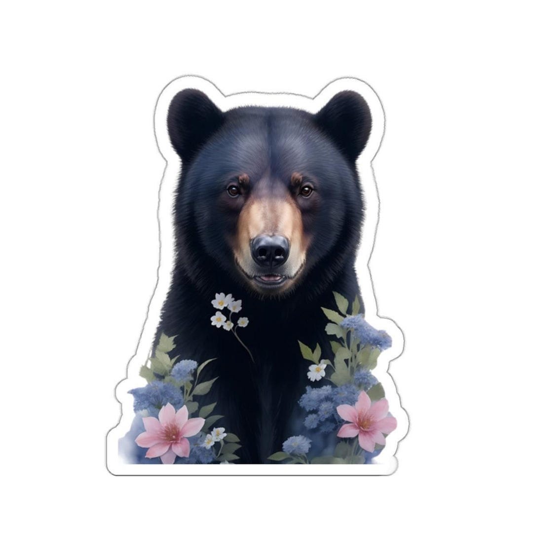 Black Bear Stickers, Cute Animal Decal, Floral Bear Art, Spring ...
