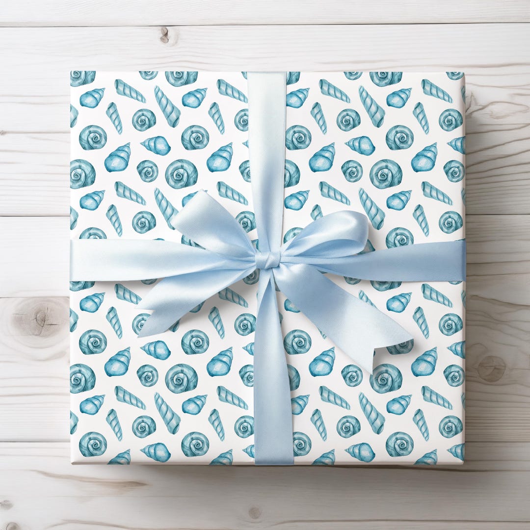 Sea Shells Wrapping Paper, Blue Watercolor Gift Wrap, Nautical Gift ...