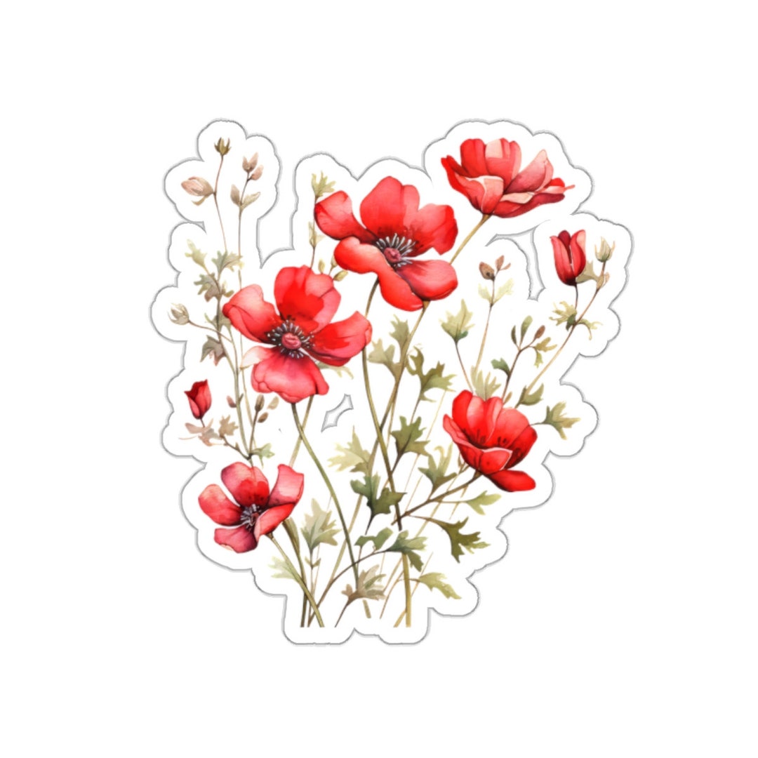 Poppy Flower Sticker Watercolor Floral Vinyl Decal, Elegant Red Flower ...