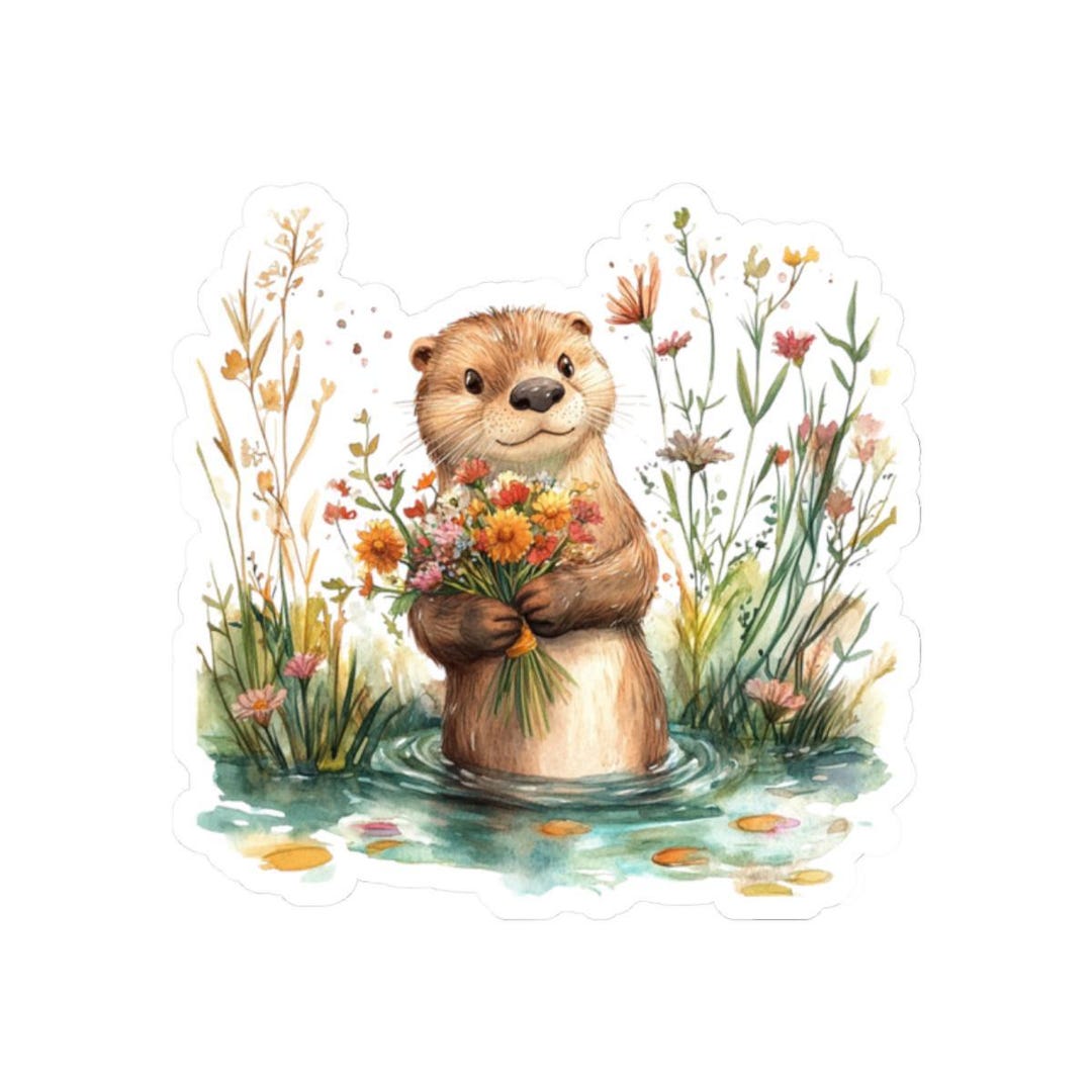 Cute Otter Sticker With Flowers, Animal Waterproof Decal, Otter Laptop ...