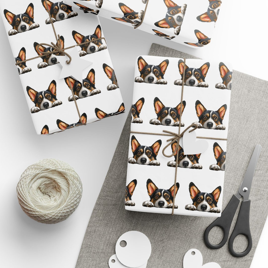Tri Color Corgi Wrapping Paper, Peeking Dog Gift Wrap, Birthday ...