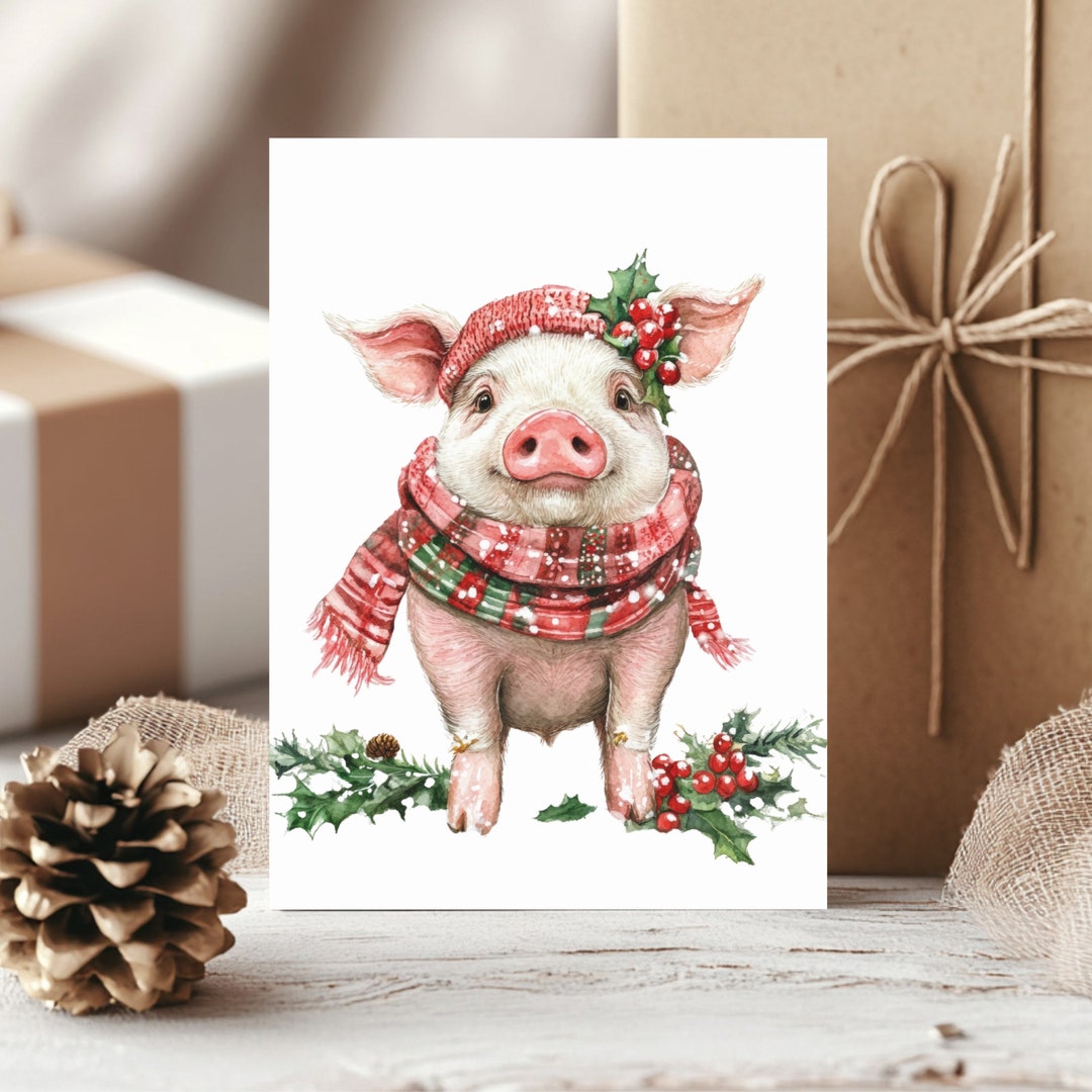 Cute Pig Christmas Cards 10 Pack, Watercolor Piglet Postcards, Holiday ...