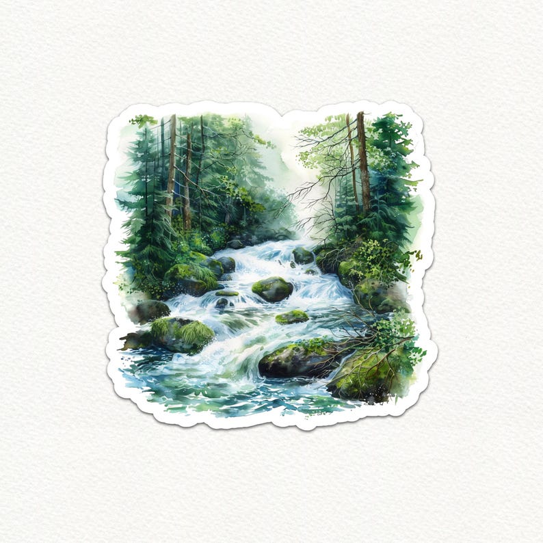 Forest Waterfall Vinyl Sticker, Nature Scenery Decal, Outdoorsy Laptop ...