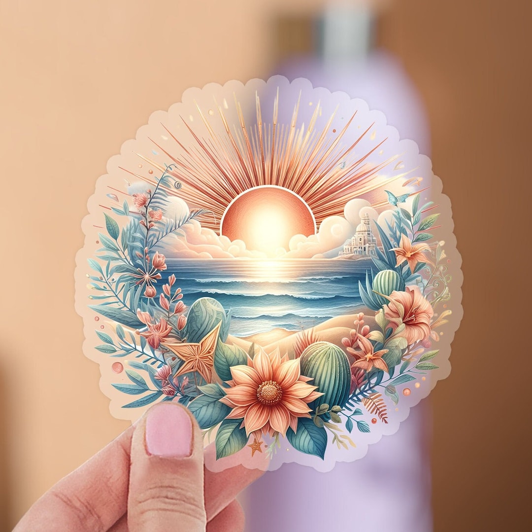 Sunset Beach Sticker, Tropical Floral Vinyl Decal, Ocean Sunrise ...