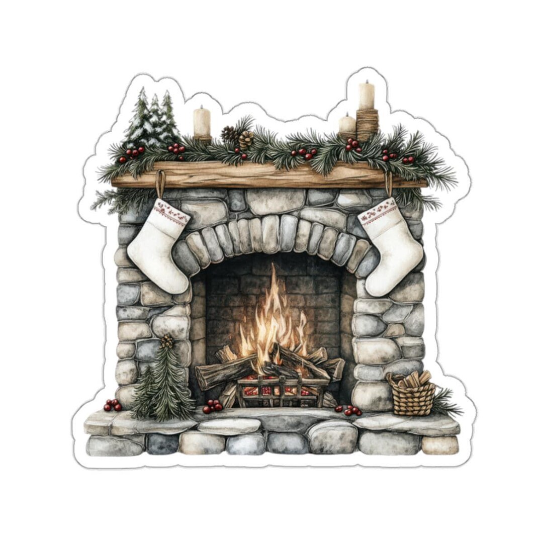 Cozy Fireplace Christmas Sticker, Holiday Decor Vinyl Decal, Cute ...
