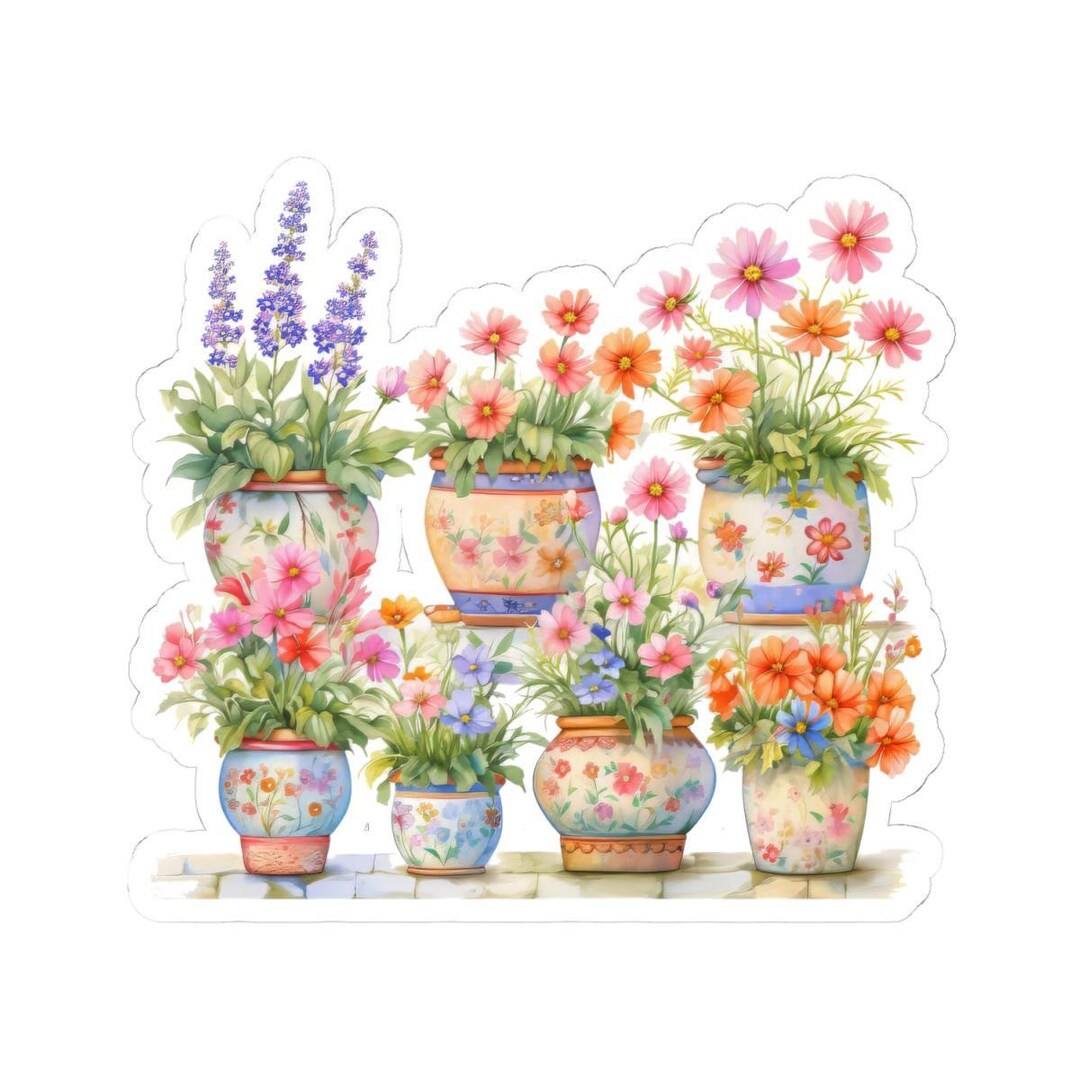 Floral Pots Sticker, Watercolor Flower Decal, Colorful Garden Stickers ...