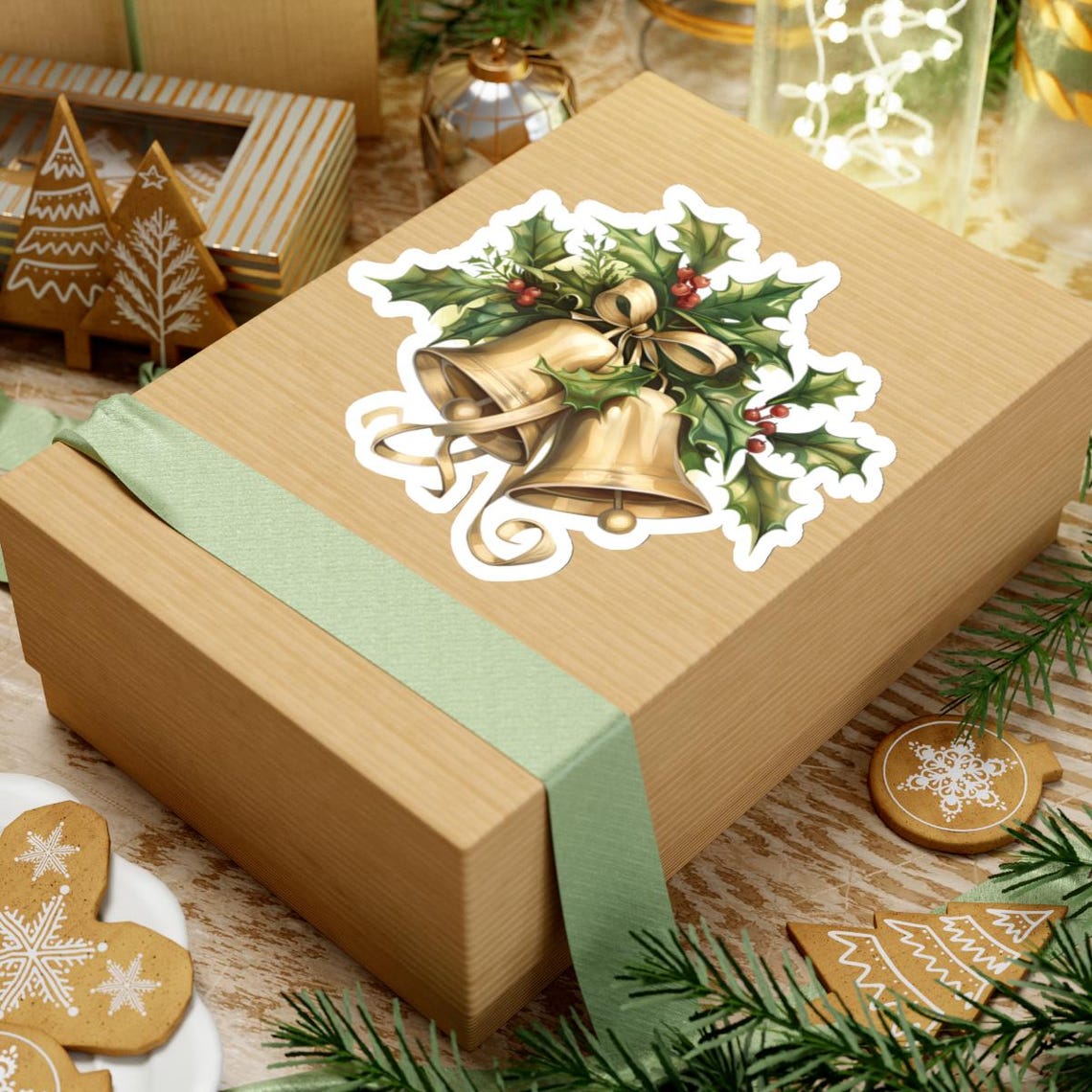 Christmas Bells and Holly Glossy Waterproof Sticker, Cute Christmas ...