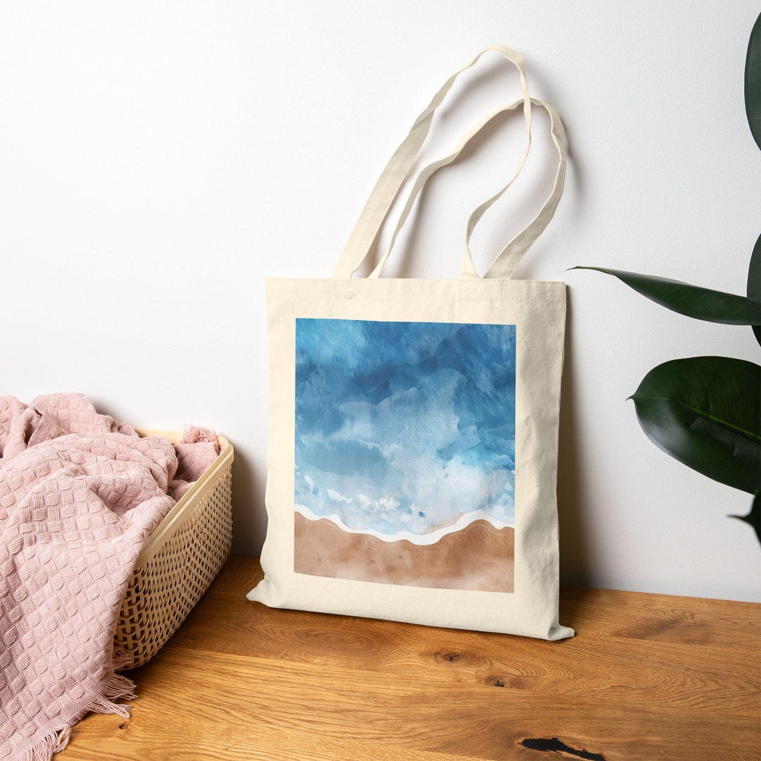 Beach Scene Tote Bag, Watercolor Ocean Waves, Summer Gift, Coastal Art ...