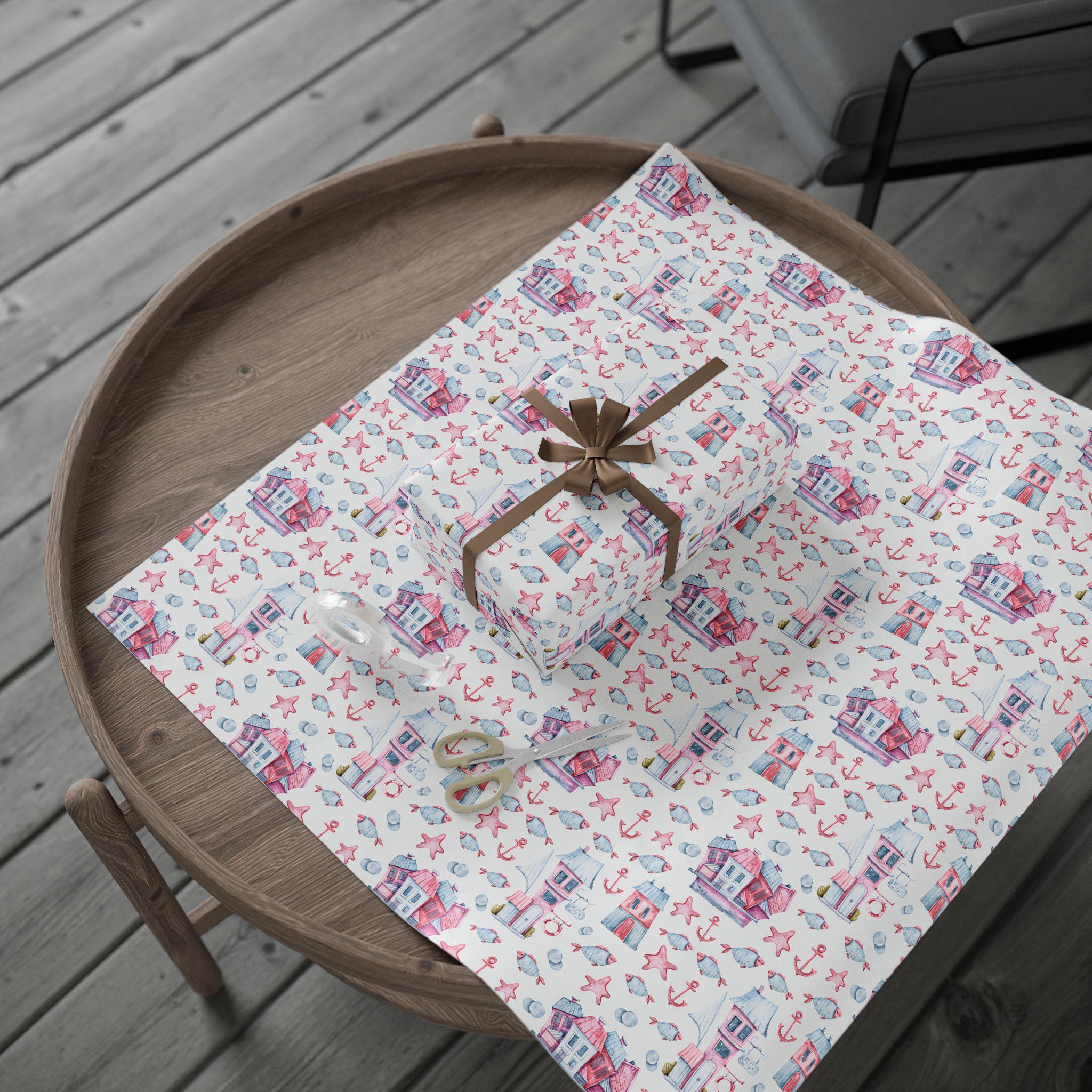 Watercolor Coastal Wrapping Paper, Pink Blue Nautical Gift Wrap, Cute ...