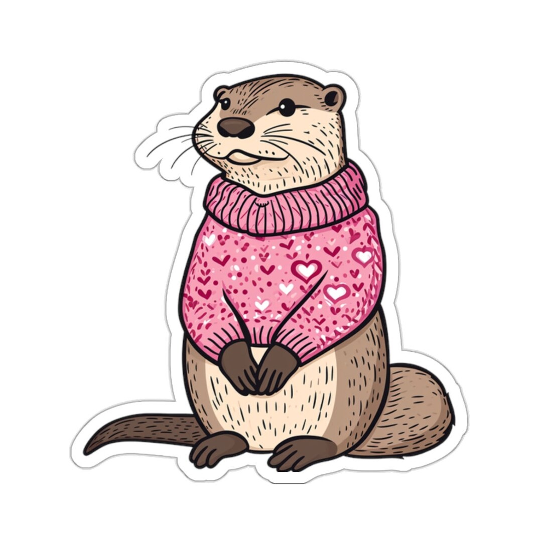 Cute Otter Sticker in Pink Heart Sweater, Kawaii Animal Waterproof ...