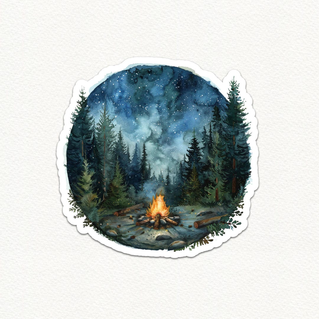 Campfire Night Forest Sticker, Camping Vinyl Decal, Nature Themed ...