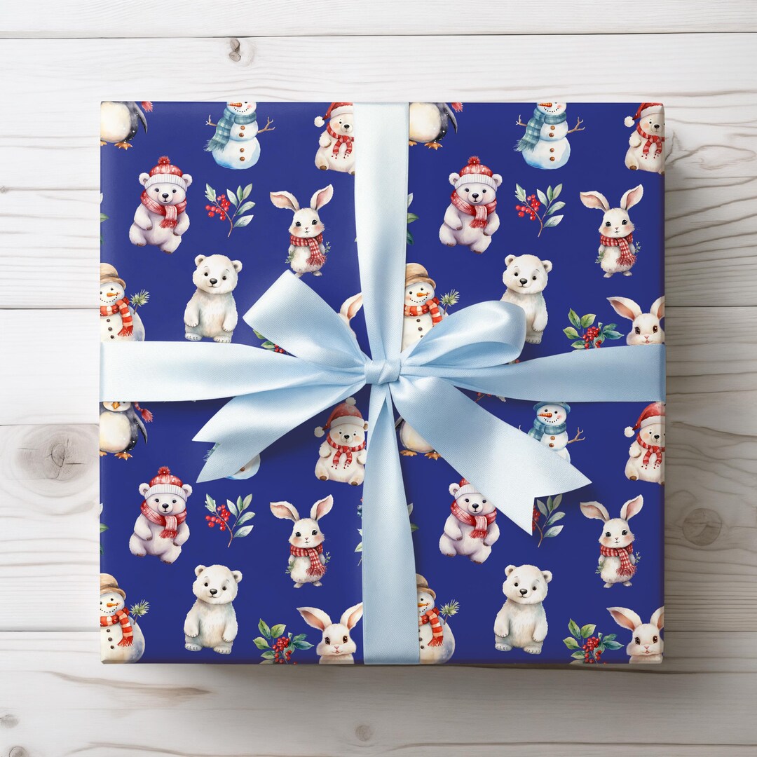 Blue Christmas Wrapping Paper, Cute Santa and Reindeer, Holiday Gift ...