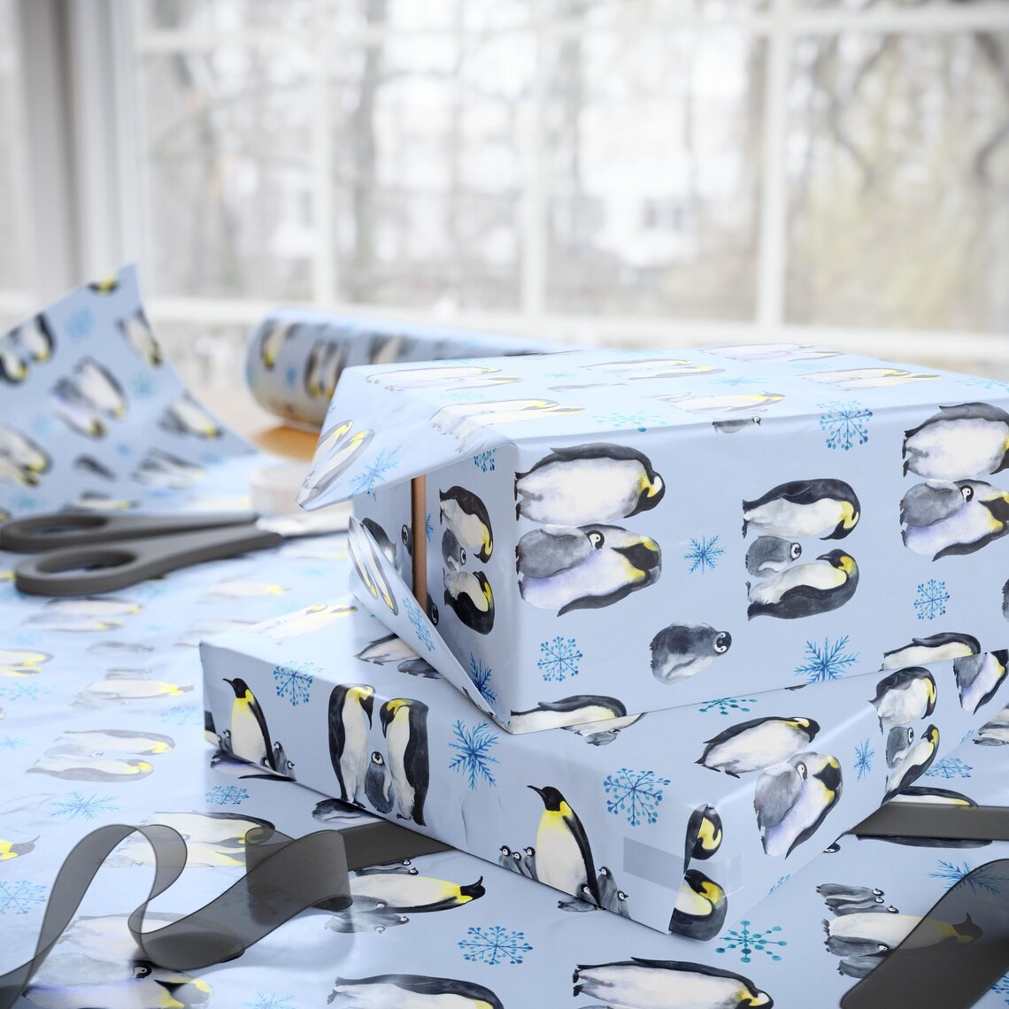 Christmas Penguin Wrapping Paper, Cute Holiday Gift Wrap, Festive ...