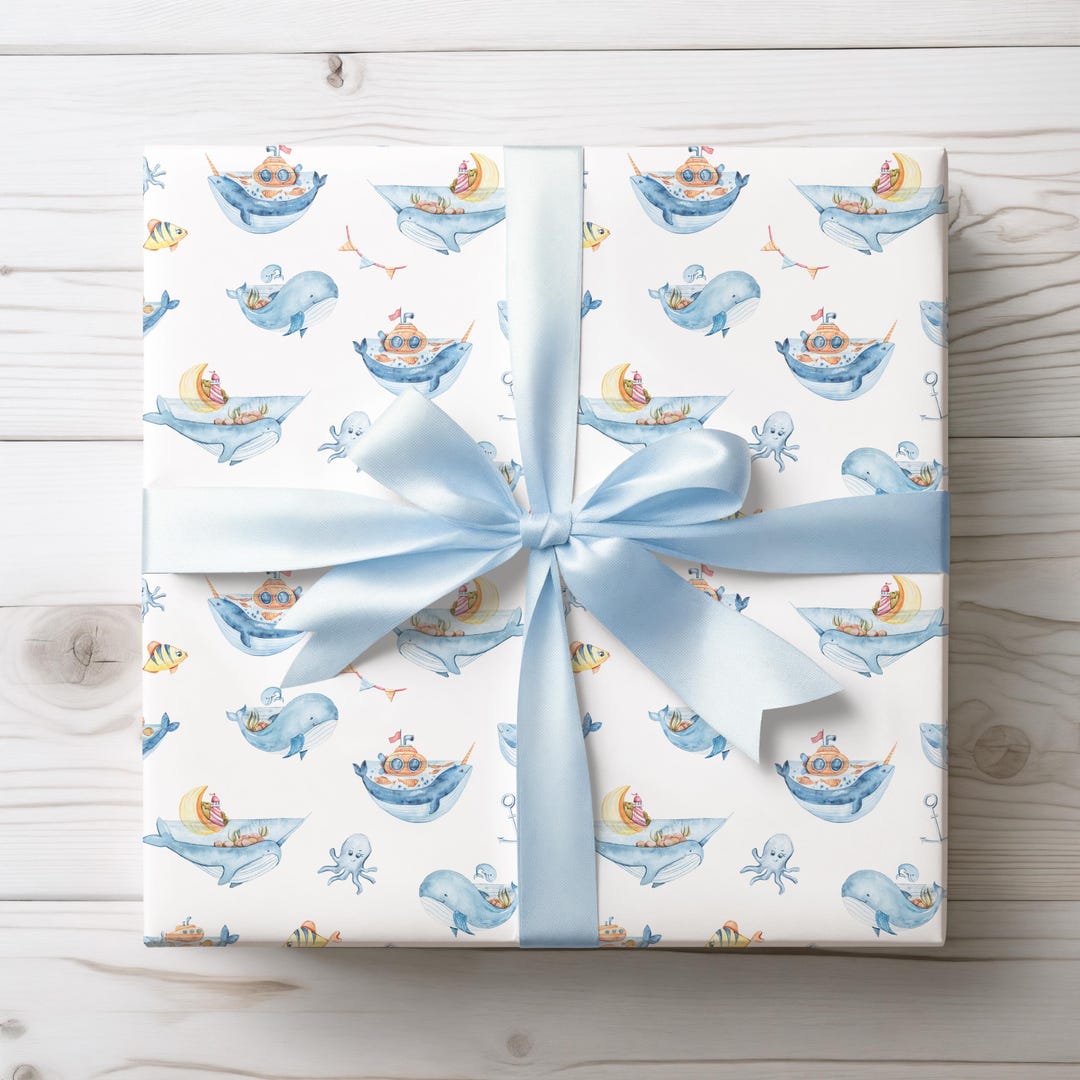 Watercolor Ocean Wrapping Paper, Cute Whale Submarine Nautical Gift ...