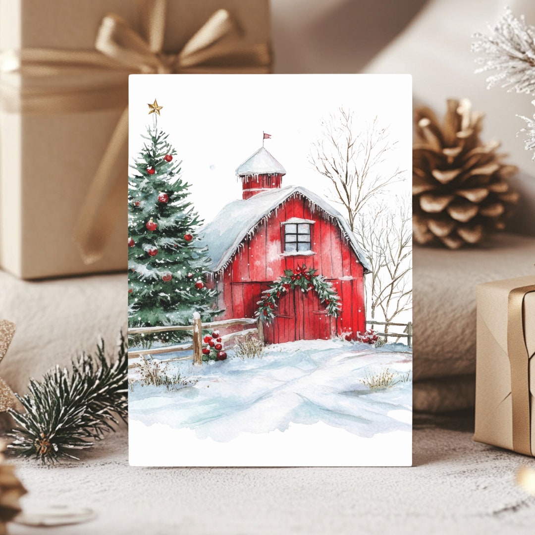 Red Barn Christmas Cards Set of 10, Watercolor Holiday Greeting Cards ...