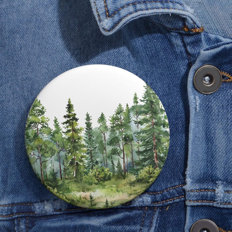 Forest Landscape Pin Button, Nature Scenery Badge, Evergreen Trees ...