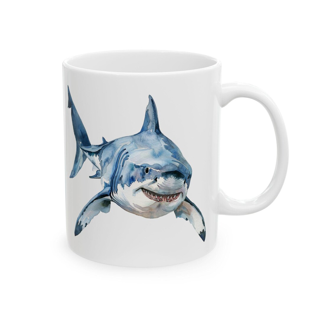 Great White Shark Mug, Scary Ocean Animal, Watercolor Coffee Cup, Sea ...