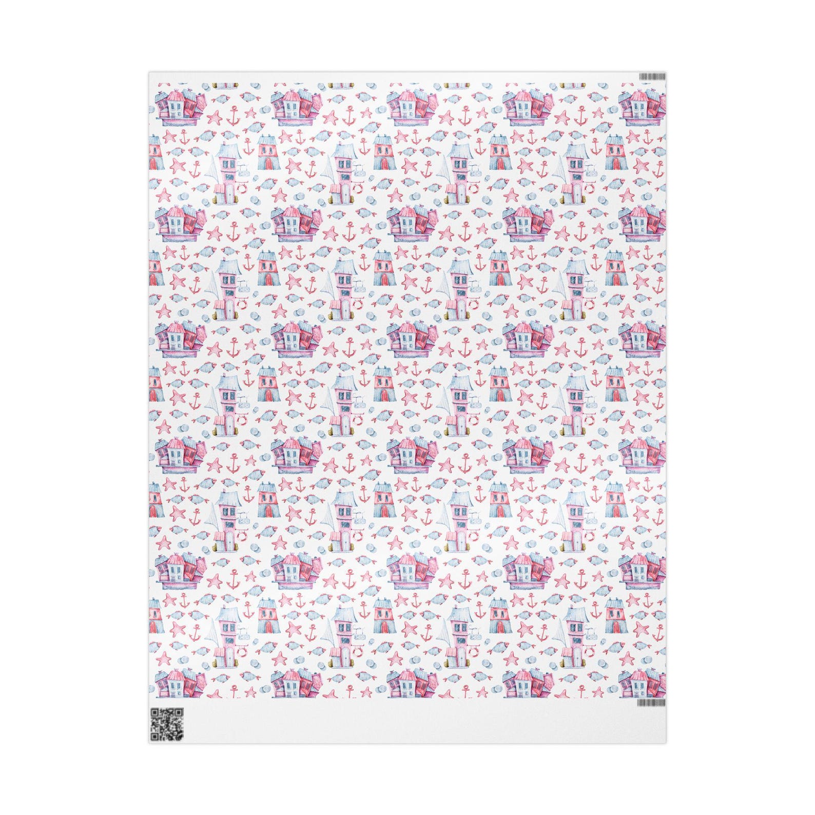 Watercolor Coastal Wrapping Paper, Pink Blue Nautical Gift Wrap, Cute ...