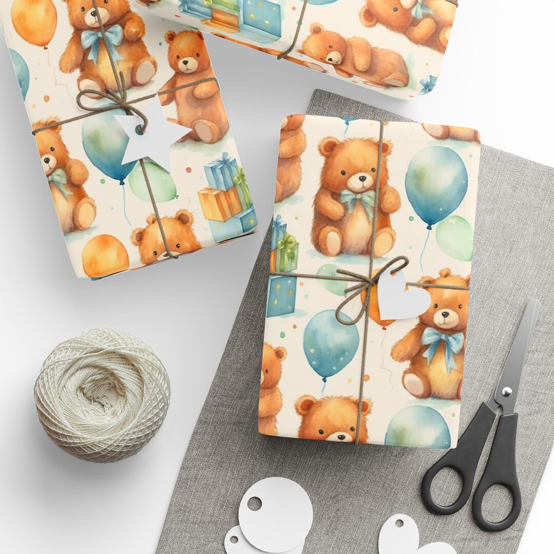 Cute Birthday Teddy Bear Wrapping Paper, Gift Wrap Roll, Celebratory ...