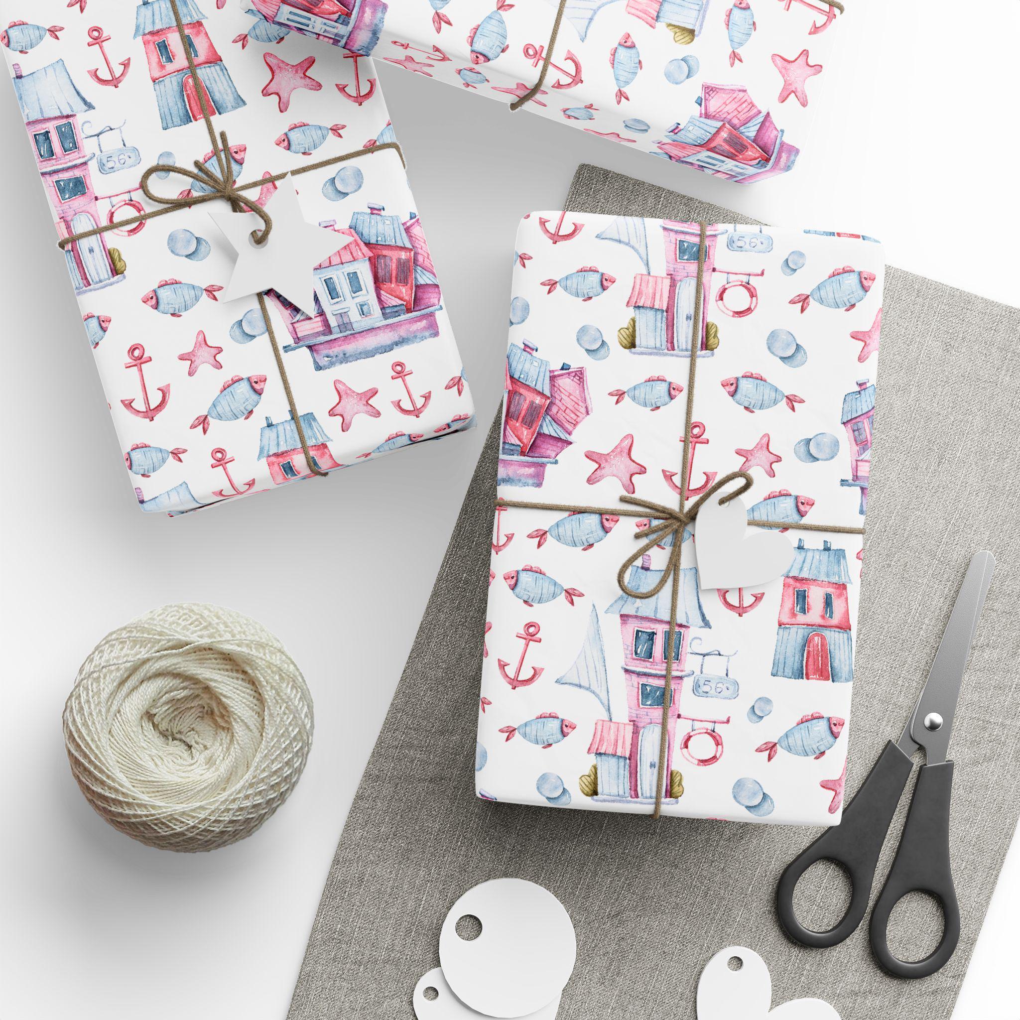Watercolor Coastal Wrapping Paper, Pink Blue Nautical Gift Wrap, Cute ...
