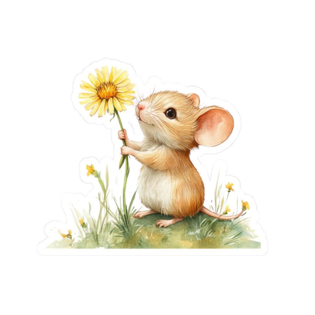 Cute Mouse Holding a Flower Vinyl Sticker, Mouse and Flower Sticker ...