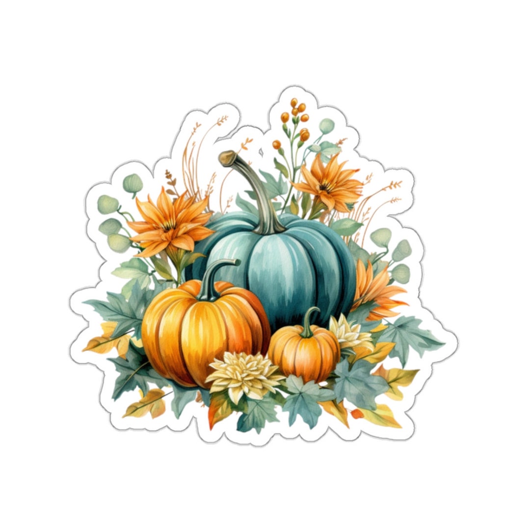 Orange Blue Watercolor Pumpkins Sticker, Waterproof Vinyl Sticker for ...