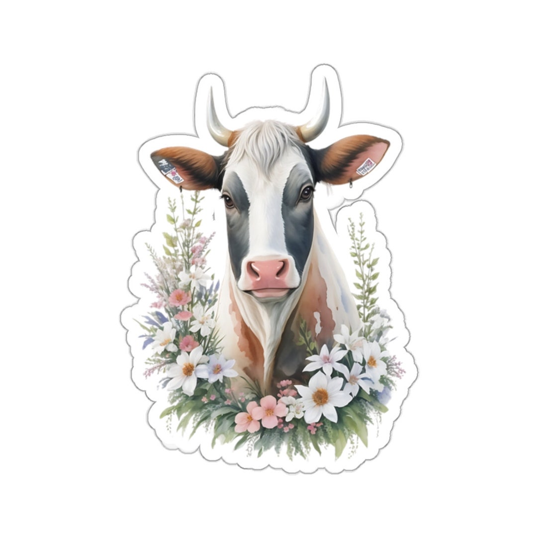 Floral Cow Sticker - Waterproof Vinyl Decal for Laptop, Water Bottle ...
