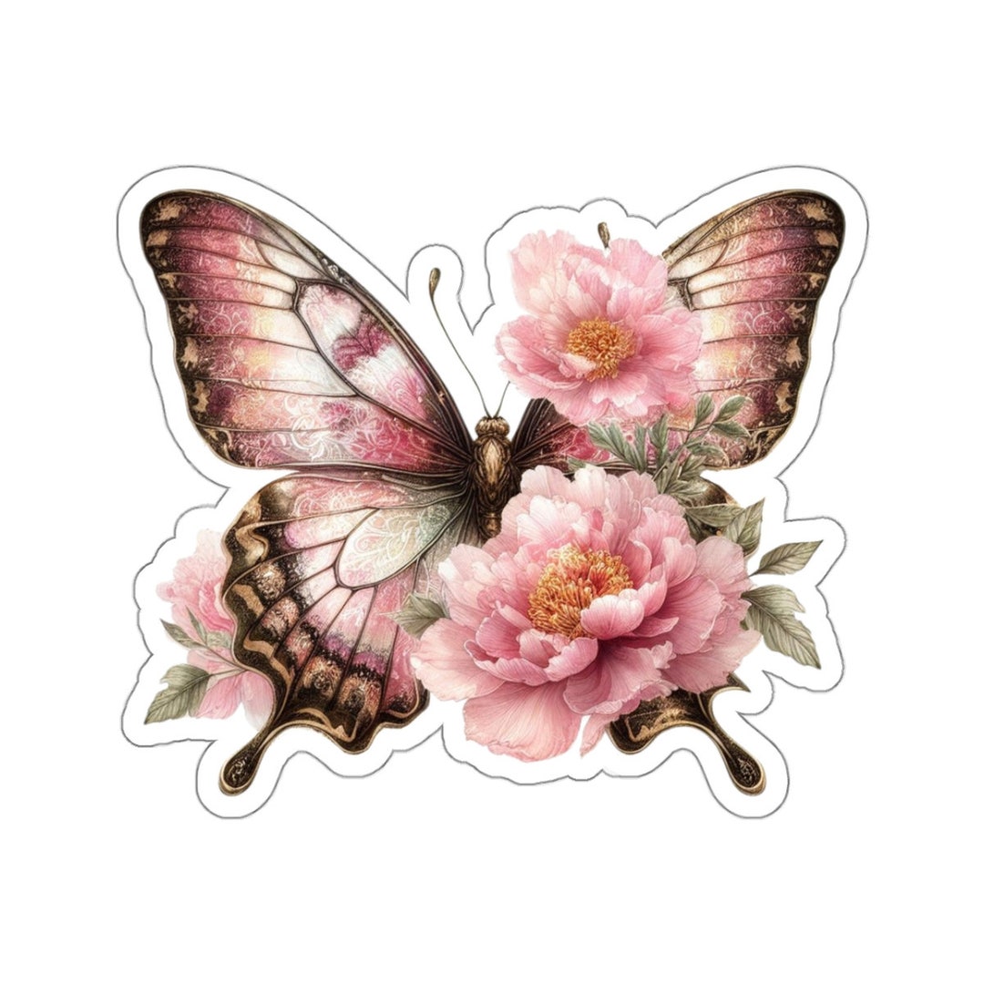 Pink Flower Butterfly Sticker, Vintage Butterfly Waterproof Vinyl ...