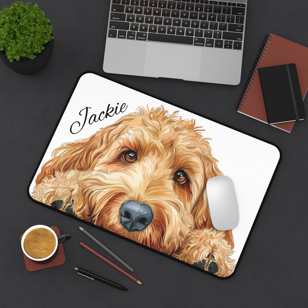 Goldendoodle Desk Mat Personalized With Name, Cute Peeking Dog Custom ...