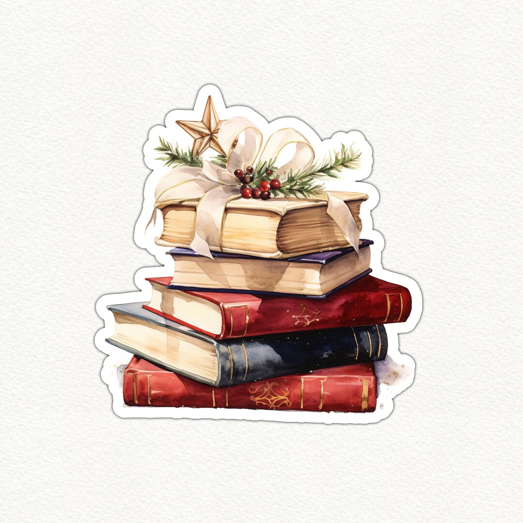 Vintage Books Watercolor Sticker, Christmas Book Stack Sticker, Holiday ...