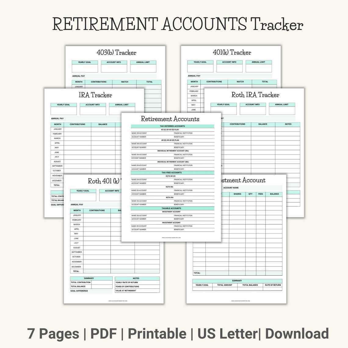 Retirement Accounts, 401(k) Tracker, IRA Tracker, Roth IRA Tracker ...