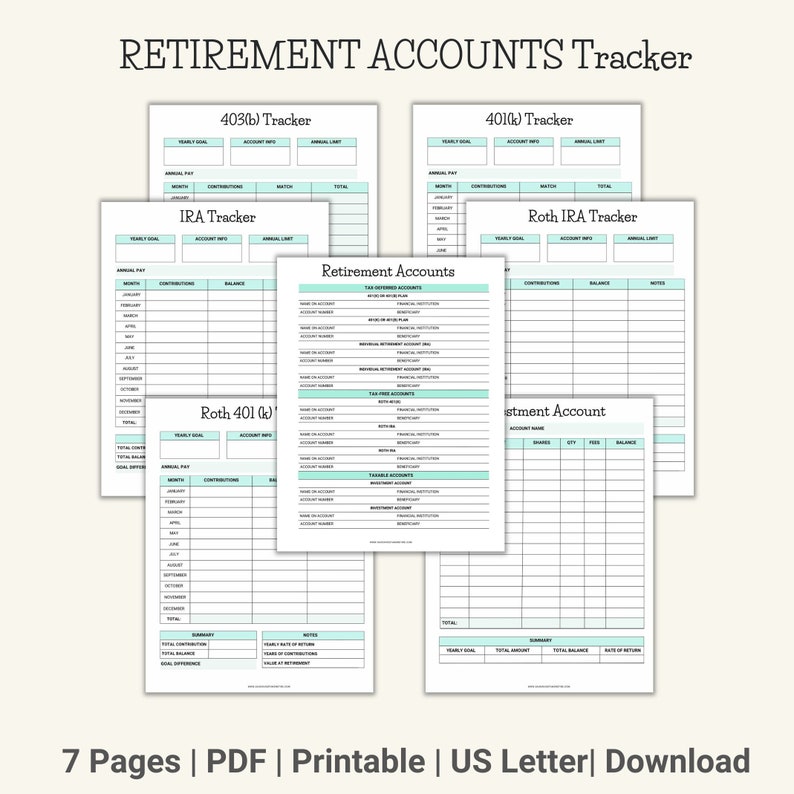 Retirement Accounts, 401(k) Tracker, IRA Tracker, Roth IRA Tracker ...
